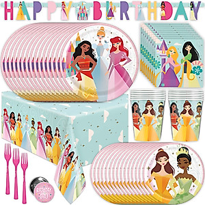 Disney Princess Birthday Decorations Set | Disney Princess Party Decorations | Disney Princess Party Supplies | With Tablecloth, Large Plates, Cake Plates, Napkins, Cups, Banner | Serves 16 Guests