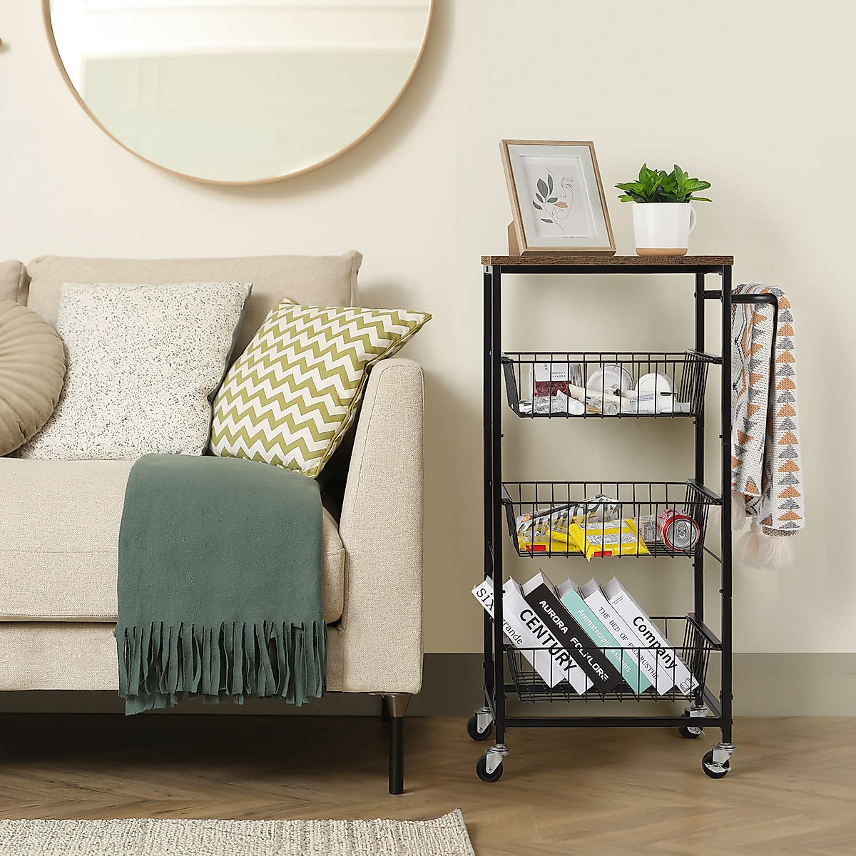 smusei Kitchen Cart on Wheels 4 Tier Metal Moveable Kitchen Cart with Storage Rolling Utility Storage Cart with Pull Out Baskets for Home, Bathroom, Pantry