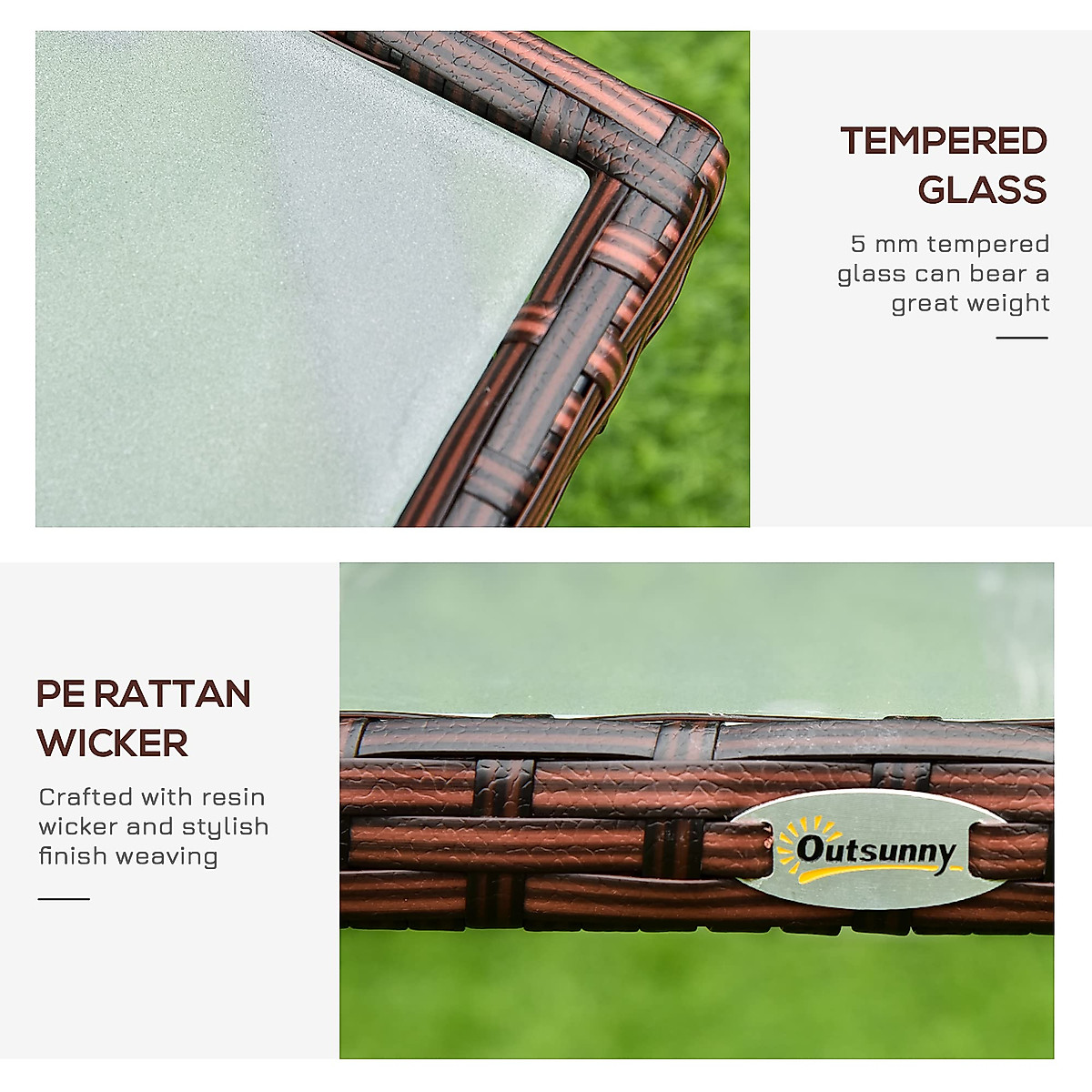 Outsunny Patio Wicker Dining Table, Outdoor Rattan Coffee Table with Glass Top for Garden, Patio, or Backyard, Deep Coffee