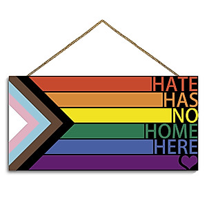 LGBT Rainbow Sign Front Door Decor, Hate Has No Home Here Pride Flag Wooden Wall Decor,Gay Pride Rainbow Decorations for Home Wall Porch Front Door Classroom