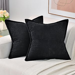 HAUSSY Black Throw Pillow Covers 22x22 Inch Set of 2, Soft Corduroy Solid Striped,Square Decorative Cushion Case,Winter Home Decorations for Couch,Bed