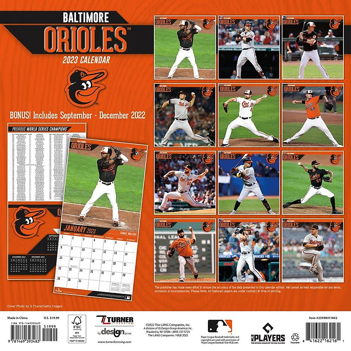 Baltimore Orioles 2023 12x12 Team Wall Calendar