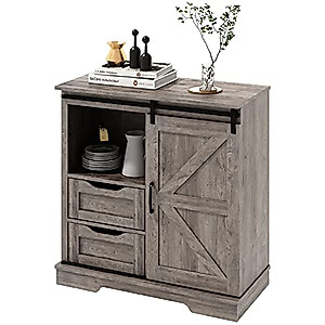 Ahvqevn Farmhouse Coffee Bar Cabinet, 33.64" Coffee Bar Cabinet with 2 Drawers and 3 Open Storage Shelf, Kitchen Hutch Buffet Storage Cabinet Design for Kitchen, Living Room, Entryway, Grey