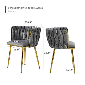 Tsuysi Velvet Set of 2, Gold Modern Dining Chair with Metal Legs, Woven Upholstered Dining Chairs for Dining Room, Kitchen, Vanity, Living Room (Grey)