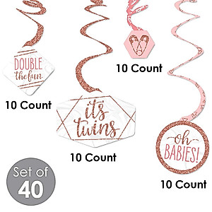 Big Dot of Happiness It’s Twin Girls - Pink and Rose Gold Twins Baby Shower Hanging Decor - Party Decoration Swirls - Set of 40