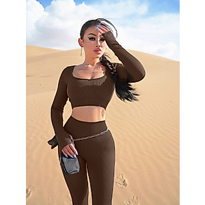 OQQ Workout Outfits for Women 2 Piece Ribbed Exercise Long Sleeve Tops High Waist Leggings Active Yoga Set Coffee