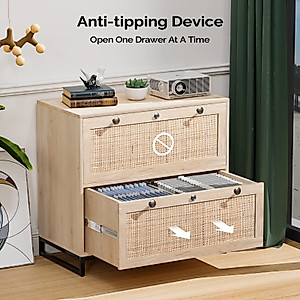 VINGLI Wood Rattan 2-Drawer Lateral File Cabinet with Lock for Home Office, Lockable Filing Cabinet with Rustic Metal Handles for Hanging Letter/A4/Legal Size Labeled Folders, Oak, 30W x 16D x 28H