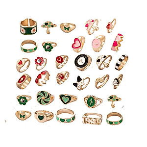 Colorful Rings for Women Teen Girls, Cute Y2K Rings, Chunky Heart Flower Ying Yang Rings,Y2K Jewelry, Trendy Gold Signet Enamel Rings, Aesthetic Statement Stackable Rings (28pcs y2k)