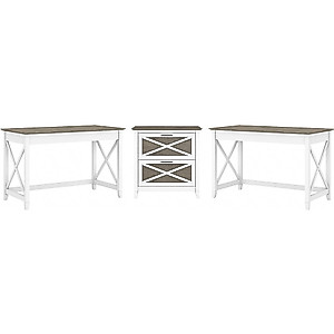 Bush Furniture Key West 2 Person Desk Set with Lateral File Cabinet in Pure White and Shiplap Gray