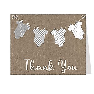 The Invite Lady Baby Shower Thank You Cards Burlap Sprinkle Jumpers Lovely Laundry Clothes Line Bodysuits Bow Tie Gender Neutral White Grey Gray Unisex (24 count)
