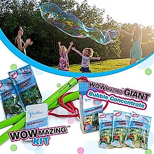 WOWMAZING Giant Bubble Wands Kit & bubble refills: Includes Wand, 5 Big Bubble Concentrate pouches and Tips & Trick Booklet | Outdoor Toy for Kids, Boys, Girls | Bubbles Made in The USA