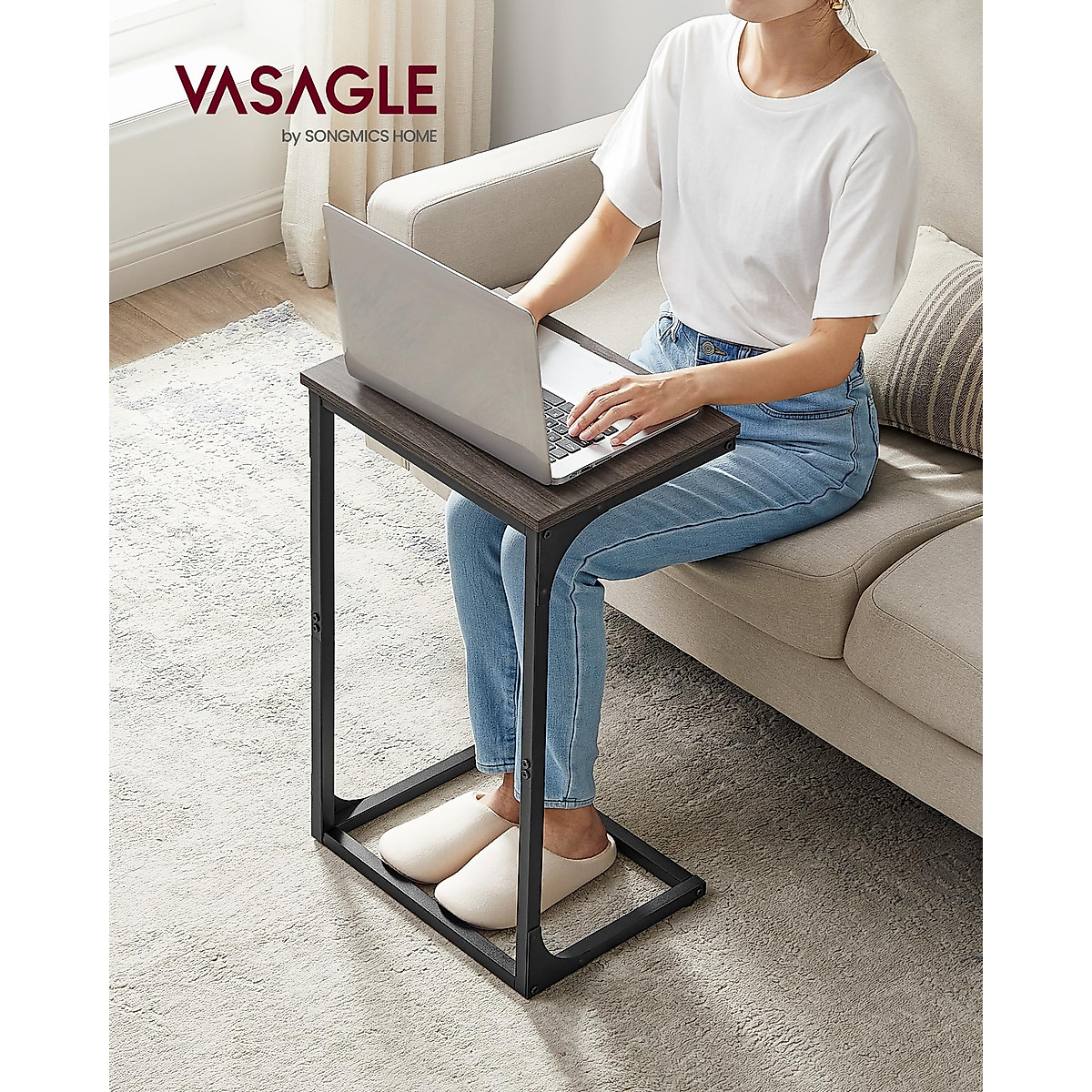 VASAGLE C-Shaped End Table, Side Table for Sofa, Couch Table with Metal Frame, Small TV Tray Table for Living Room, Bedroom, Chestnut Brown and Black