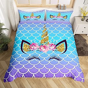 Unicorn Cute Eyelash Duvet Cover Set King Size,Mermaid Scale Glitter Sequins Bedding Set 3pcs for Kids Girls Woman Room Decor,Blue Gradient Princess Comforter Cover,Glamour Quilt Cover,2 Pillowcases