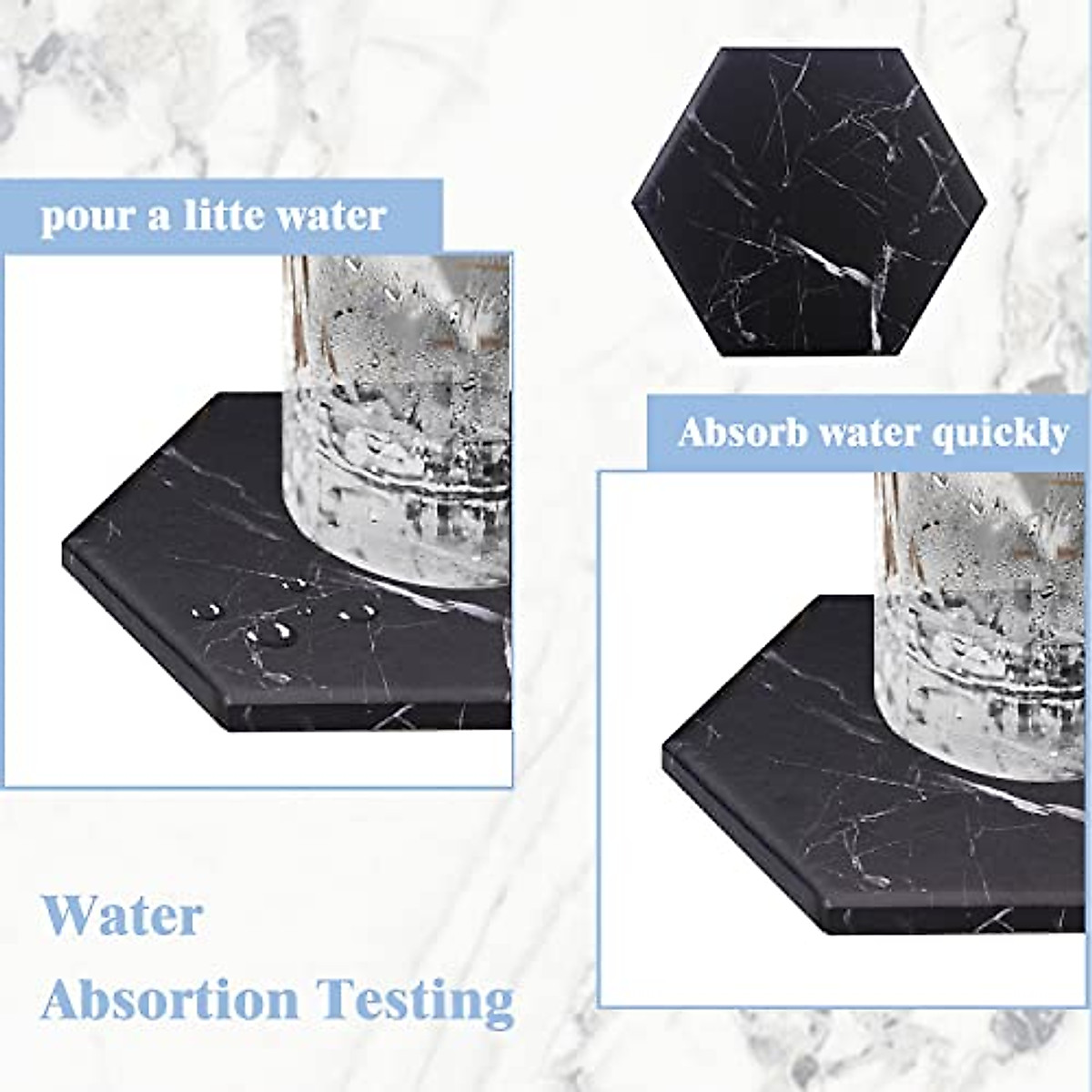 Warmroom Absorbent Hexagon Black Marble Coasters for Drink with Gold Holder and Cork Base Set of 6 Decorative Tabletop Protection for Bar Kitchen Home and Dining Room Decor