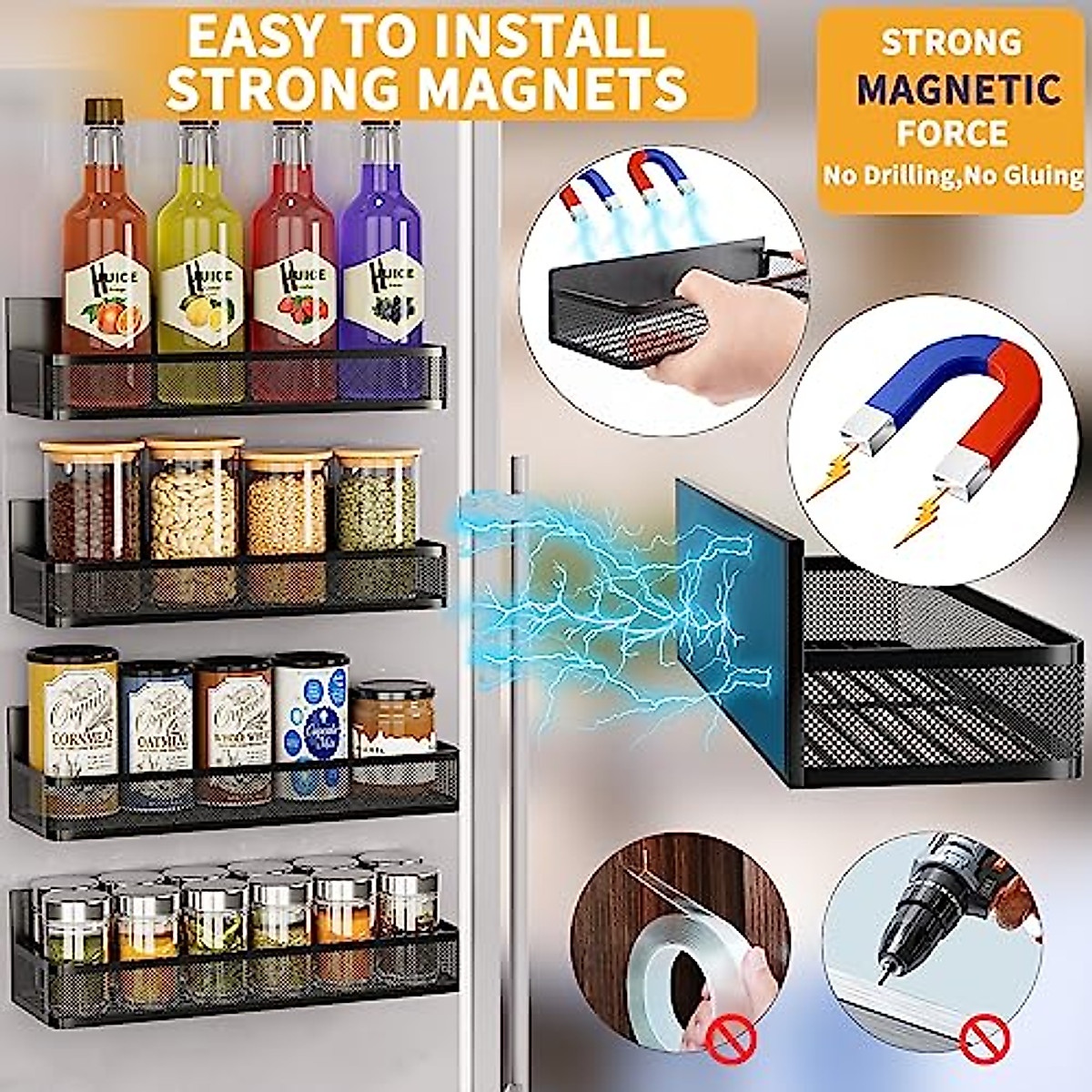 Magnetic Spice Rack for Refrigerator, 4 PACKS Super Strong Magnetic Holder 13lbs, Movable Magnetic Shelf for Refrigerator Kitchen Organization -2 Paper Towel Holder,5 Magnetic Hooks,8 Removable Hooks
