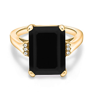 Gem Stone King 18K Yellow Gold Plated Silver Black Onyx Women Ring (6.67 Cttw, Emerald Cut 14X10MM, Gemstone Birthstone, Available In Size 5, 6, 7, 8, 9)