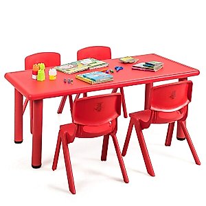 Costzon Kids Table and Chair Set, 4 Pcs Stackable Chairs, 47 x 23.5 Inch Rectangular Plastic Activity Table Set for Children Reading Drawing Playing Snack Time, Toddler School Furniture (Red)