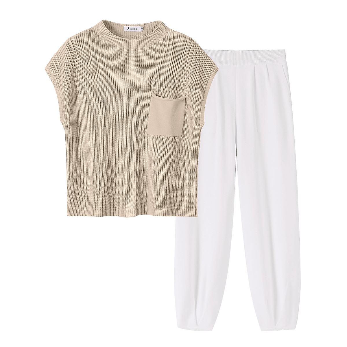 ANRABESS Women's Two Piece Outfits Knit Sweater Vest Crop Top Pants Lounge Matching Tracksuit Sweatsuit Travel Clothes Sets Khaki White Small