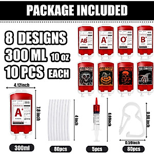 Garma 80 Packs Halloween Blood Bags for Drinks, 8 Design IV Bag Reusable Drink Pouches Containers Jello Shot Syringes and Clips Pouch Prop for Vampire Zombie Hospital Theme Party Supplies