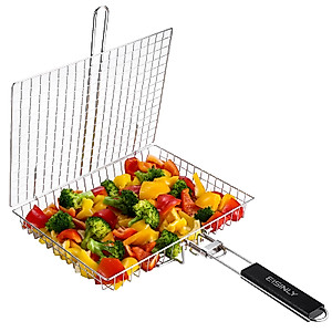 Portable Grill Basket, EISINLY BBQ Grilling Basket for Outdoor Grill with Removable Handle, Stainless Steel Camping Cooking Grill Accessories for Chicken Fish Vegetable, Dad Gifts