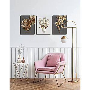 Gray and Gold boho Abstract Wall Art 3 Pieces Modern Stretched and Framed White Flower Gold Leaf Canvas Paintings for Living Room Home Office and Bedroom Bathroom Wall Decor Canvas Size: 12"x16"x3