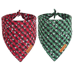 ADOGGYGO 2 Pack Dog Bandanas Christmas, Classic Plaid Snowflake Pet Scarf, Premium Durable Fabric, Multiple Sizes Offered, Christmas Bandanas for Medium Large Dogs Pets (Large, Red&Green)