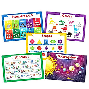 Simply Magic 5 Placemats for Kids - Kids Placemats Non Slip, Washable Reusable Toddler Placemats, Educational Placemats: Alphabet ABC, Shapes, Colors, Numbers, Solar System, Plastic Placemats for Kids