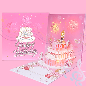 DTESL Musical Birthday Cards with Light and Music, Blowable, 3D Birthday Popup Cards for Men & Women– Plays Hit Song 'HAPPY Birthday' (pink)