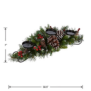 National Tree Company Artificial Christmas Centerpiece | Includes 3 Candle Holders, Red Berries, Pine Cones and Steal Base | Frosted Berry - 30 Inch