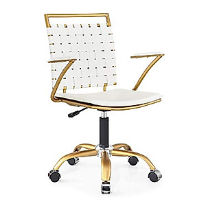 LUXMOD Vanity Chair Gold Office Chair Mid Back Ergonomic Swivel Computer Desk Chair with Arms, Ergonomic White Leather Chair for Lumbar Support & Extra Back,Home Office Chair for Desk