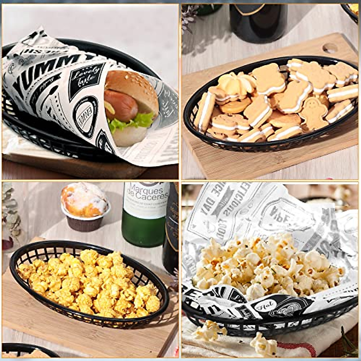 Fast Food Baskets 100 Pcs 8.9 x 5.5 Inch Plastic Baskets for Food Oval Fry Basket Black Chip Basket Reusable Bread Baskets Fry Oval Serving Tray for Restaurant Supplies Hot Dog Deli Serving Chicken