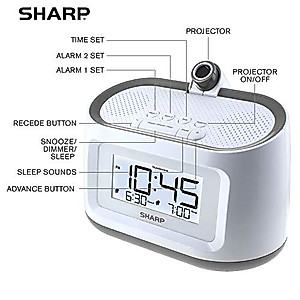 SHARP Projection Alarm Clock with Soothing Nature Sleep Sounds – Easy to Read Projection on Wall or Ceiling – 8 Sleep Sounds to Help Fall Asleep Faster, White Case with Gunmetal Trim