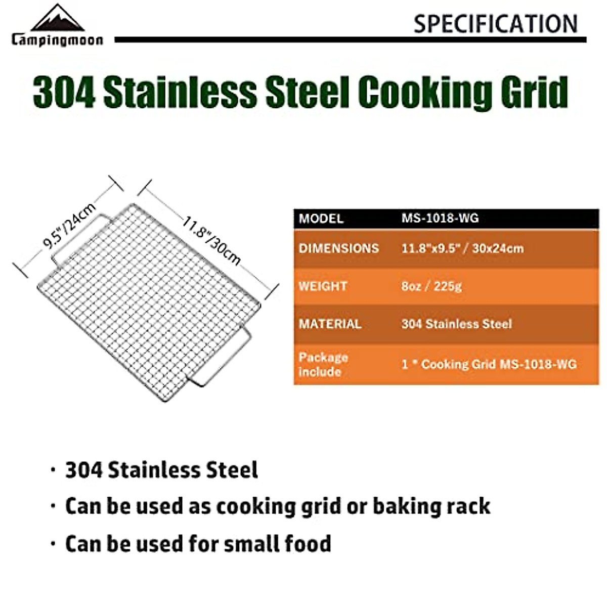 CAMPINGMOON Cooking Grid for Portable Campfire Grill Stainless Steel MS-1018-WG 11.8 x 9.5 Inches