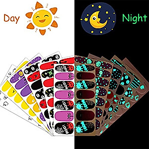 TailaiMei 12 Sheets Glow in The Dark Halloween Nail Wraps Stickers, Fluorescent Nail Polish Strips Self-Adhesive Full Wraps with 2 pcs Nail Files for DIY Nail Art Decals (Dark Style)
