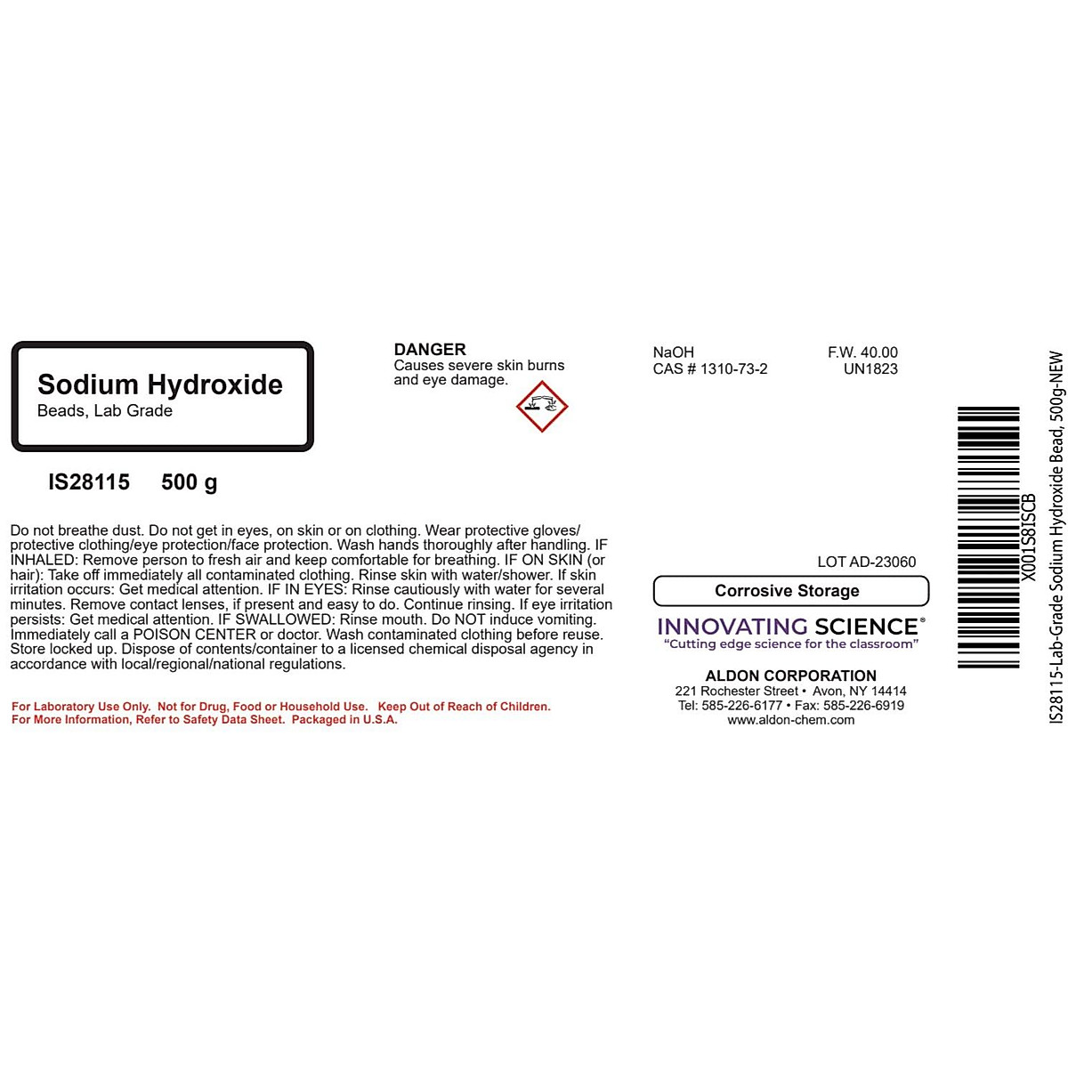 ALDON Innovating Science Lab-Grade Sodium Hydroxide Bead, 500g - The Curated Chemical Collection
