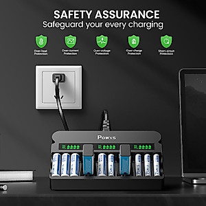 POWXS Rechargeable AA AAA 9V Battery Charger with 1800mA High-Speed, 12 Bay Independent Battery Charger for 1.2V Ni-MH Ni-CD AA AAA 9V Rechargeable Batteries and 9V Lithium ion(Include AC Cable)