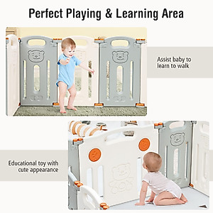 Costzon Baby Playpen, 14-Panel Foldable Large Baby Playard w/Locking Gate, Non-Slip Rubber Bases, Adjustable Shape, Portable Baby Fence Play Area Design for Indoor Outdoor Use (Beige + Gray)