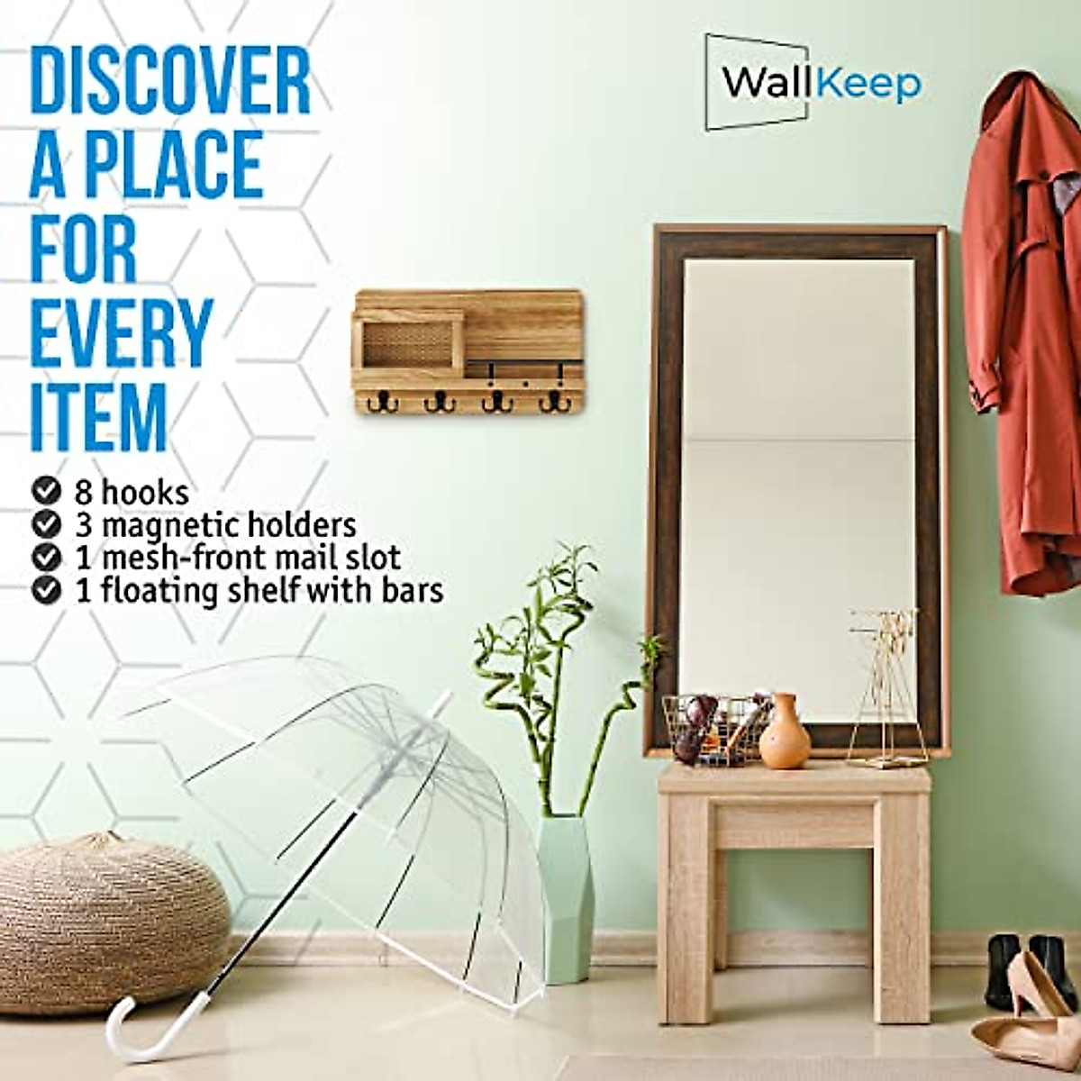 WallKeep Mail and Key Holder for Wall with Decorative Key Hooks - Wall Mount in Entryway, Mudroom or Office. Solid Wood Mail Organizer Floating Shelf Key Rack, Leash Holder and Key Hanger for Wall.