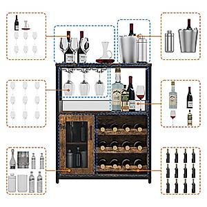 IDEALHOUSE 3-Tier Wine Bar Cabinet with Detachable Wine Rack and Drawer, Industrial Sideboard and Buffet Cabinet with Glass Holder and Mesh Door, Rustic Brown