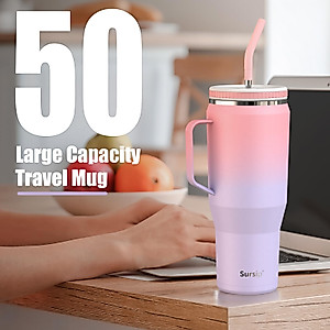 Sursip 50 oz Tumbler with Handle and Straw Lid - Stainless Steel Vacuum Insulated Coffee Cup Travel Mug, Keeps Drinks Cold up to 24 Hours - Sweat Proof, Dishwasher Safe, Cupholder Friendly - White