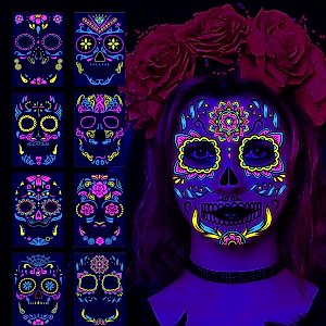 8 sheets Luminous Halloween Face Tattoos Glow in The Dark Day of the Dead Full Face Tattoos Waterproof Decorations Sugar Skull Stickers UV Glow Neon Mask Tattoo for Masquerade and Parties