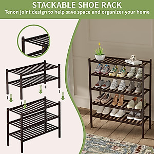 ROMGUAR CRAFT 3 Tier Bamboo Shoe Rack for Closet Free Standing Wood Shoe Shelf for Entryway Small Space Stackable 27"x11"x20" (Brown)