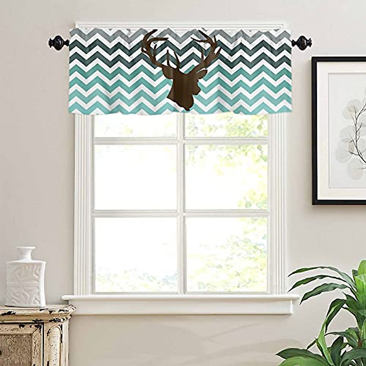 Artwork Store Valances Windows Curtain Cute Deer Ombre Chevron Blue and Gary Zig Zag Kitchen Valances Rod Pocket Window Treatment Short Curtains Valance for Window 1 Panel,42 by 18 inches