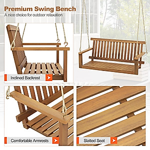 Tangkula 2 Person Hanging Porch Swing, Wooden Patio Swing with 2 Hanging Hemp Ropes, Slatted Seat & Back, 800Lbs Acacia Wood Outdoor Swing Bench for Backyard Deck Garden