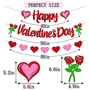 Happy Valentine’s Day Banner Romanic Red Heart Garland for Women Girls Valentine’s Day Themed Anniversary Wedding Engagement Bridal Shower Party Supplies Glitter Decorations