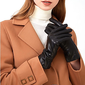 ZLUXURQ Luxury Italian Soft Leather Gloves for Women in Black - Genuine SheepSkin Leather Women’s Cold Weather Gloves Fleece Lined