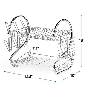 Glotoch 2-Tier Full Sized Dish Drying Rack with Utensil Holder and Cup Holder with Dish Water Drain Board Tray Rustproof Chrome Plating 16.5 x 10 x 15 Inches Storage Space Saving Kitchen Organizer