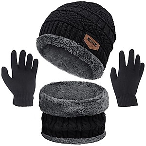 3 Pcs Boys Girls Winter Beanie Hat Scarf Gloves Set Thick Knitted Warm Toddler Winter Hat Mittens Neck Warmer for Kids Black