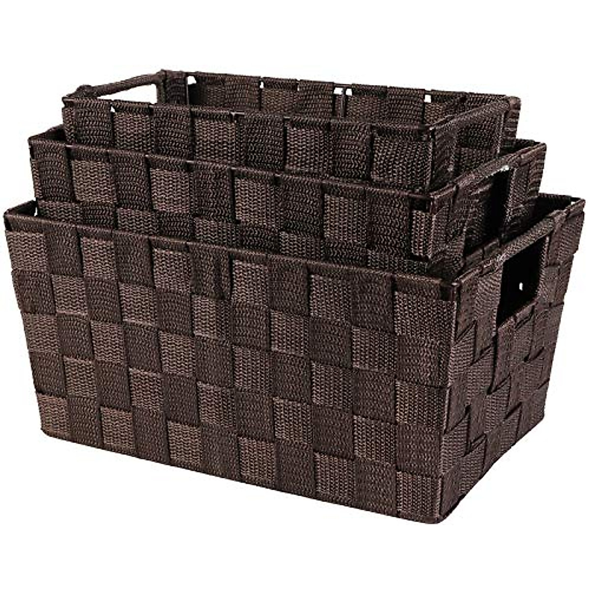 Nicunom 3 Pack Woven Baskets, 3 Size Woven Strap Storage Basket Bin Container, Nylon Stackable Shelf Organizer Set for Home, Office, Laundry, Closet, Built-in Carry Handles, Brown