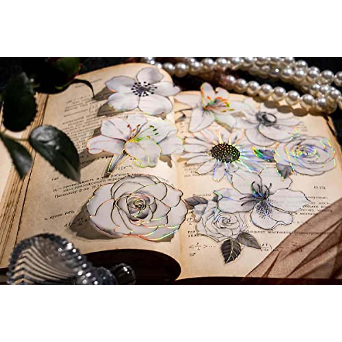 Knaid 120 Pieces Large Size Black and White Flower Stickers with Gold Holographic Outlines, Glitter Shiny Floral Waterproof Decorative Decals for Scrapbooking Supplies Junk Journal Bullet Journals Planners Resin Laptops Water Bottles Paper Crafts